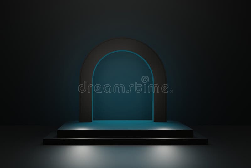 Black Arch and Blue Lights with Display Stage, Empty Podium with Copy ...