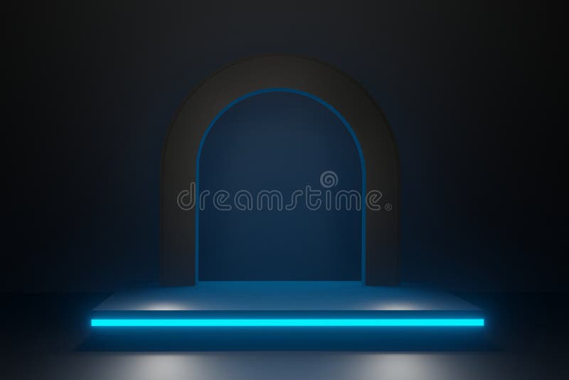 Black Arch and Blue Lights with Display Stage, Empty Podium with Copy ...