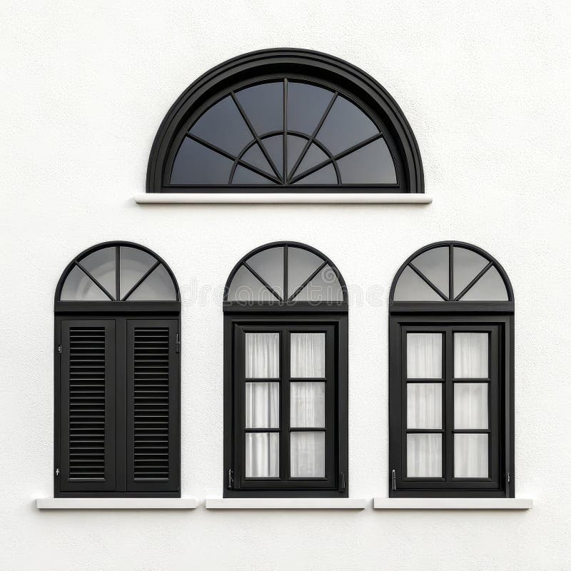 Black Arch Windows on White Wall Composition of Three, Architectural Design, Minimalist Style ...