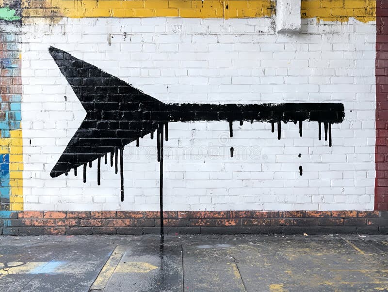 A Black Arrow Painted on a White Brick Wall Stock Image - Image of line ...