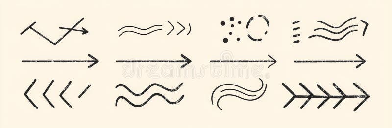 Black Arrows in Various Styles Drawn in Simple Lines. Set of Black ...