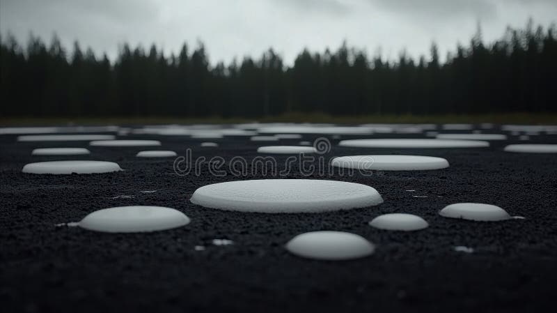 A Black Asphalt Road with White Circular Objects and Puddles. Stock ...