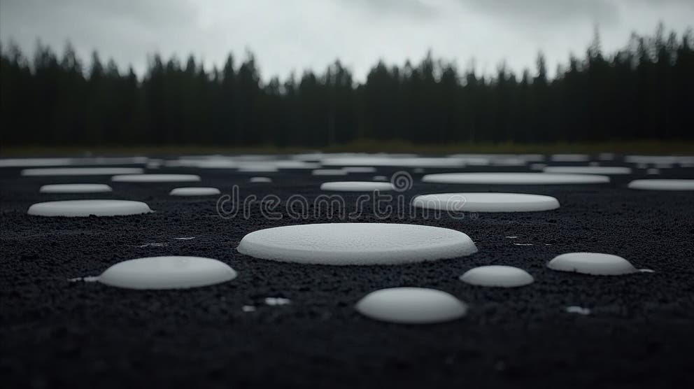 A Black Asphalt Road with White Circular Objects and Puddles. Stock ...