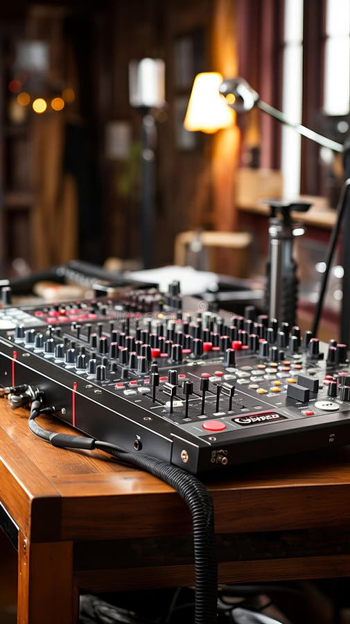 Black Audio Mixer on a Wooden Table in a Recording Studio Generated ...
