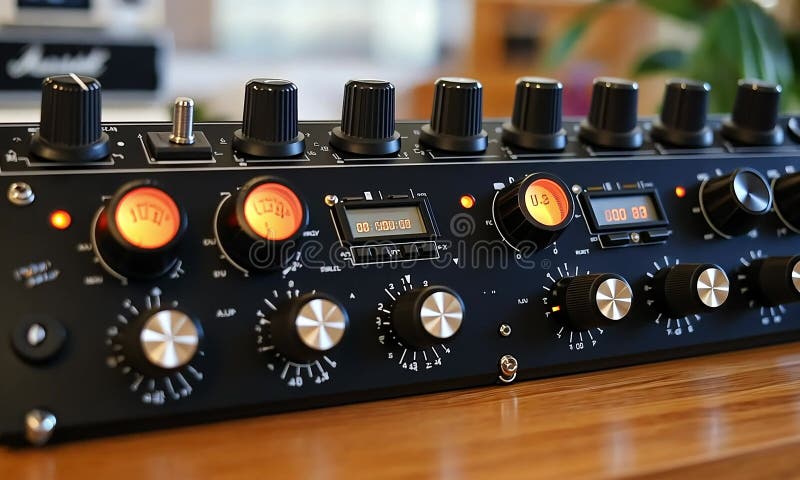 Black Audio Processing Unit with Numerous Knobs and Indicators Stock ...