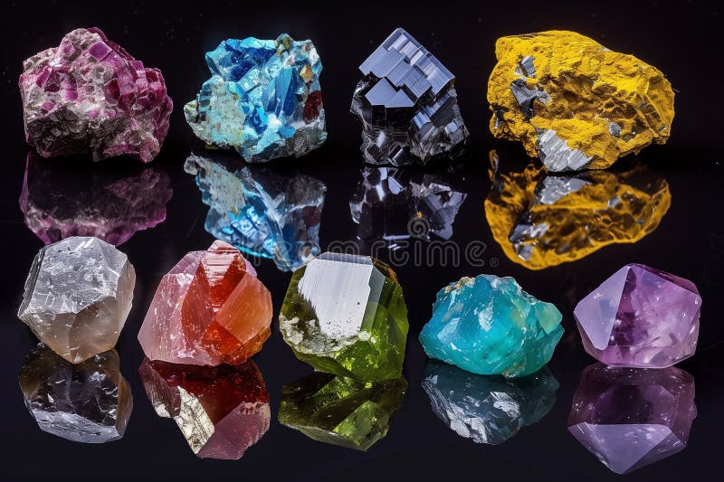 Different Colorful Rough Gems, Minerals and Crystals in Black ... Different Colorful Rough Gems, Minerals and Crystals in Black ...