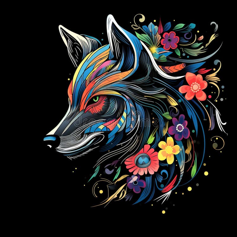 Black Background Abstract Floral Graffiti Wolf, Wise Expression Side ...