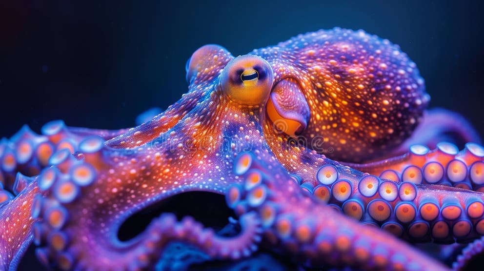 Black Background with an Abstract Neon Octopus Portrait. Stock Photo ...