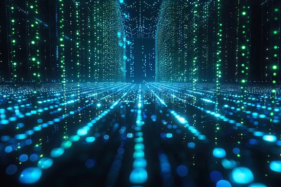 A Black Background with Blue and Green Vertical Binary Code, Creating an Abstract Digital Matrix ...
