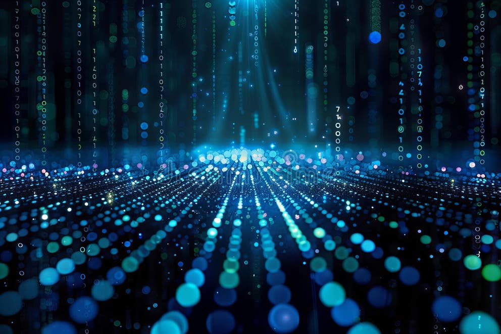 A Black Background with Blue and Green Vertical Binary Code, Creating an Abstract Digital Matrix ...