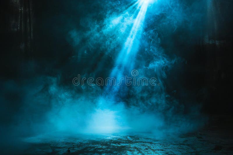 Black Background with Blue Spotlight Shining Down, Fog on the Ground ...