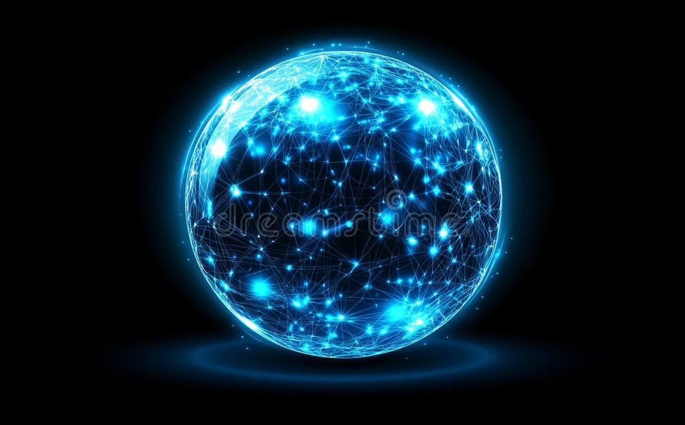 Black Background with Blue and White Nodes Forming a Spherical Shape ...