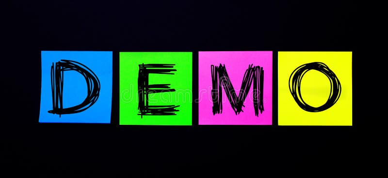 On a Black Background, Bright Multicolored Stickers with the Word DEMO ...