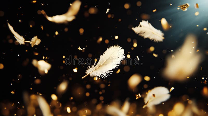 Black Background with Feathers Falling from the Sky, Dark and Light ...