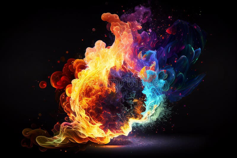 On a Black Background, a Fiery Explosion with Multi-colored Particles ...