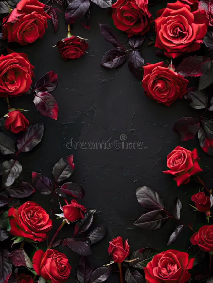Black Background with a Frame of Red Roses Stock Illustration ...