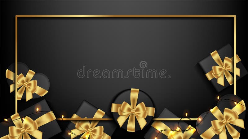 Black Background with Gift Boxes Decorated Gold Ribbon and Sparkling ...