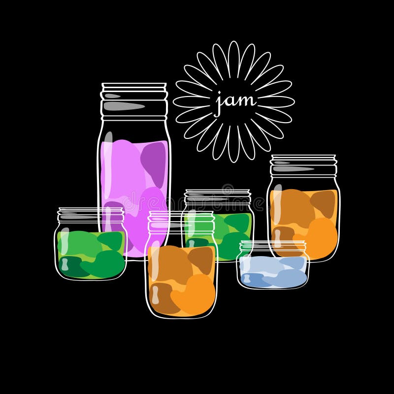 On a Black Background Glass Jars with Jam. Stock Vector - Illustration ...