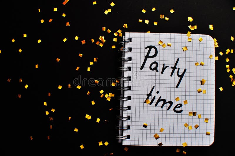 Black Background with Golden Confetti and Party Time Write Stock Image ...