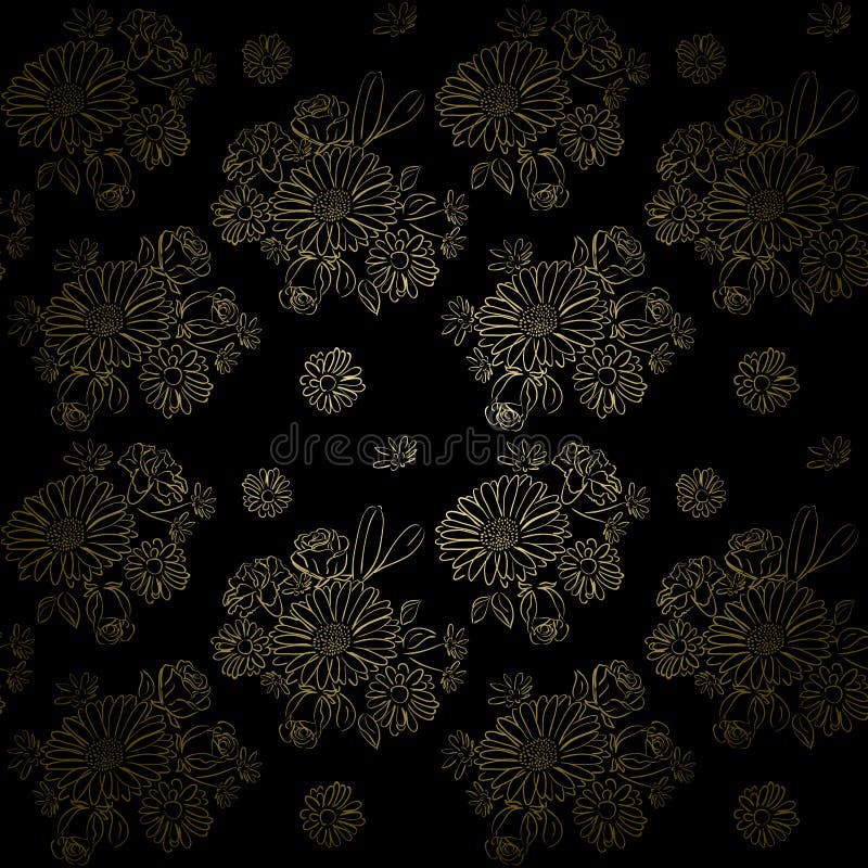 Black Background with Golden Flowers - Vector Pattern with Gradient ...