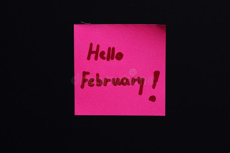 Black Background with Hello February Write on Pink Card Stock Photo ...