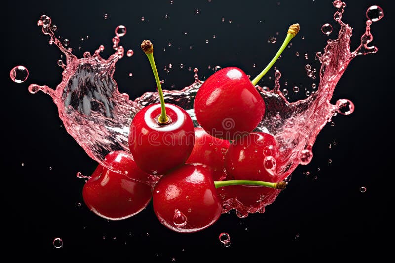 Black Background with Isolated Sweet Cherries Splashing in Juice Stock ...