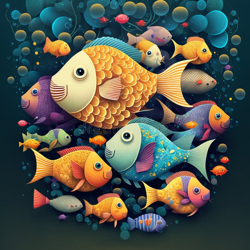 On a Black Background, Multi-colored Fish with Bubbles Stylization ...