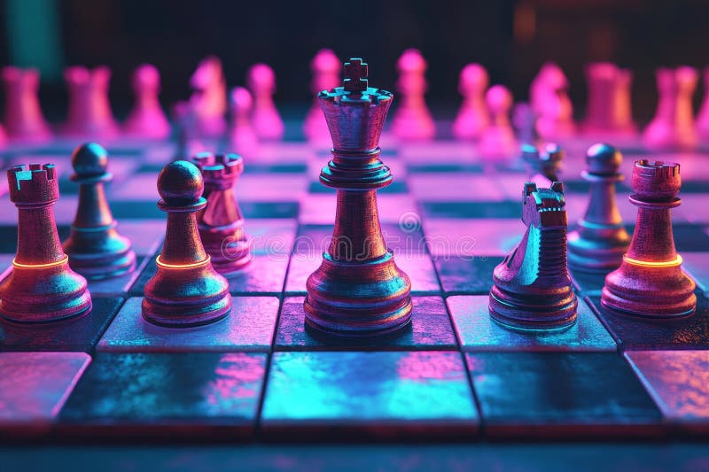 On a Black Background, a Neon Chess Board with Chess Pieces Has Been ...
