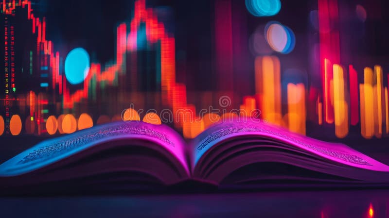 On a Black Background, an Open Knowledge Book Features Stock Graphs and ...