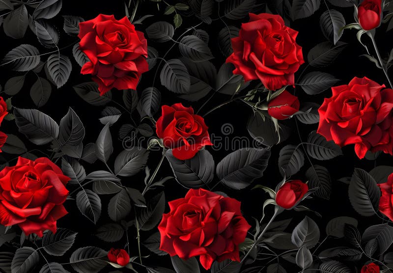 Seamless Red Roses Pattern on Black Background Stock Illustration ...