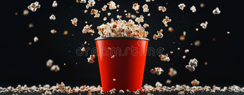 On a Black Background, a Red and White Popcorn Bucket with Floating ...
