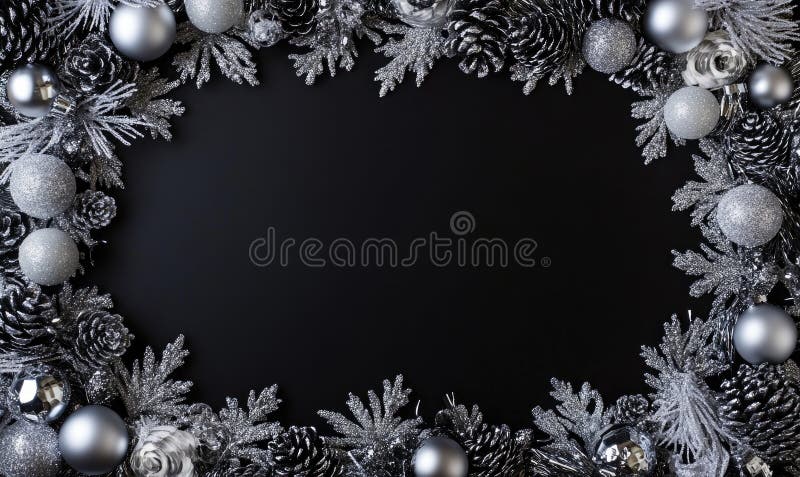 A Black Background with a Silver Frame and a Silver and White Christmas ...