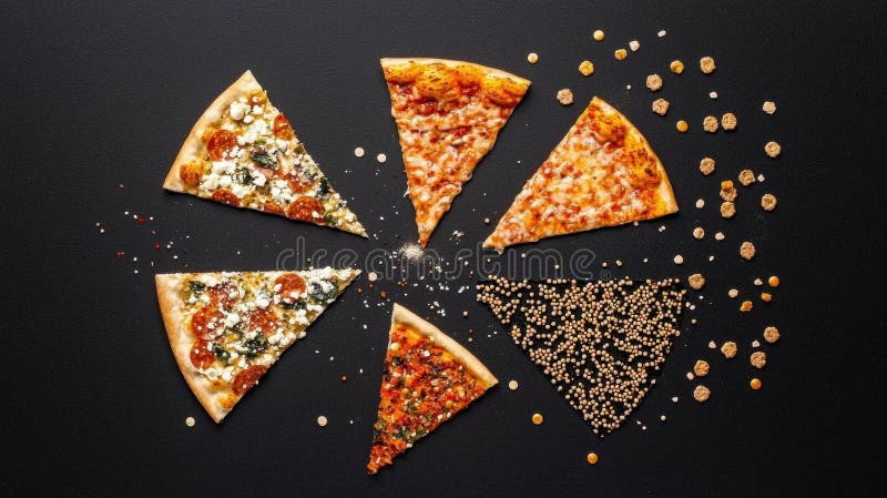 A Black Background with Six Different Pizza Slices and Various Spices ...