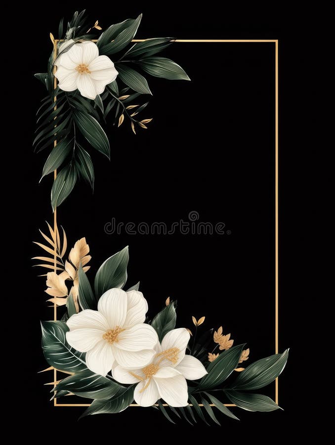 Black Background with White Flowers and Green Leaves. a Frame is Placed ...