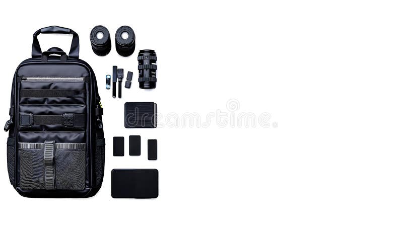 A Black Backpack with a Camera and Other Items Laid Out on a White ...