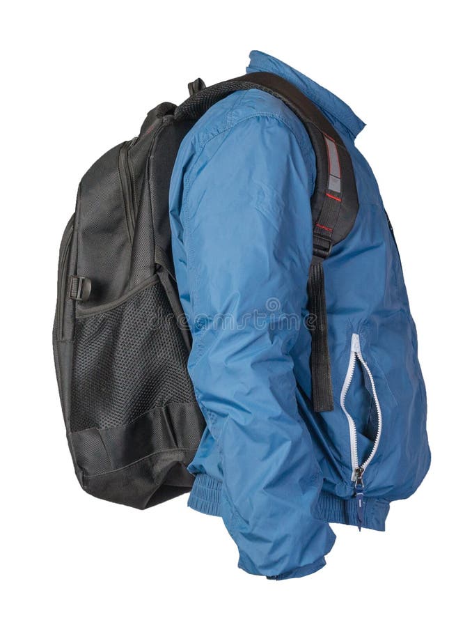 Black Backpack Dressed in a Blue Jacket Isolated on a White Background ...