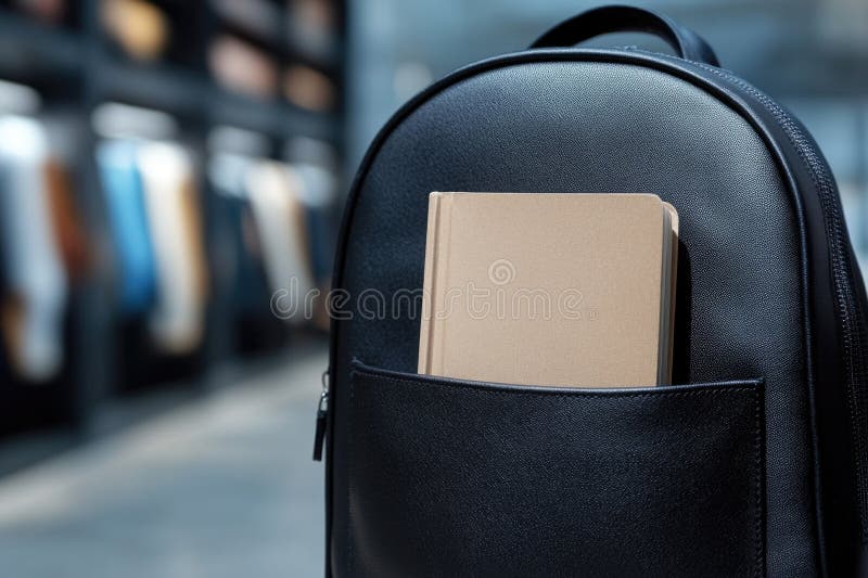 Black Backpack with Notebook in Library Setting Stock Image - Image of ...