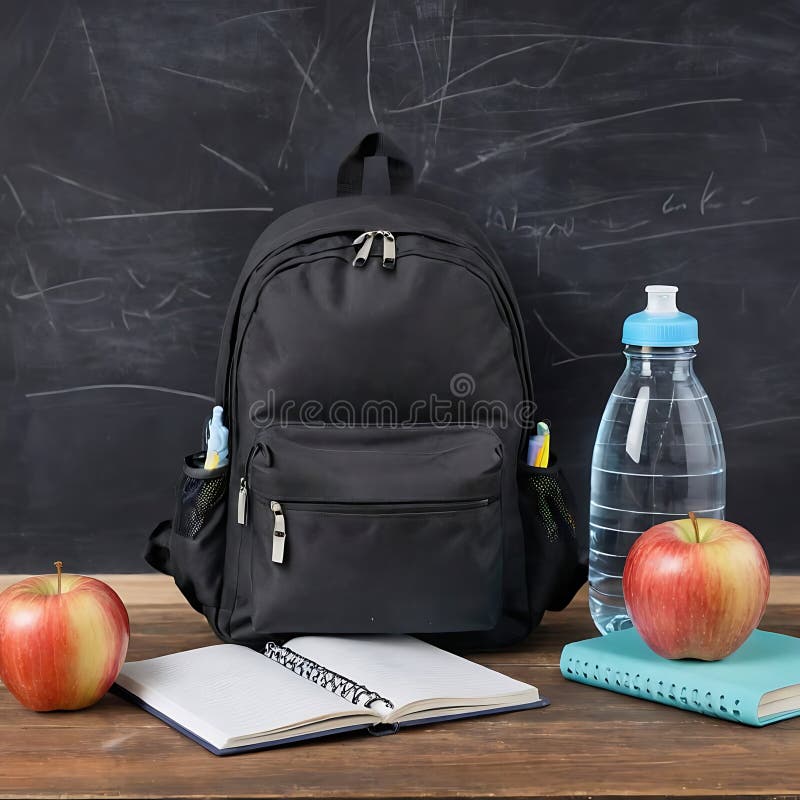 A Black Backpack is Placed on a Desk with a Water Bottle, Apples, and ...