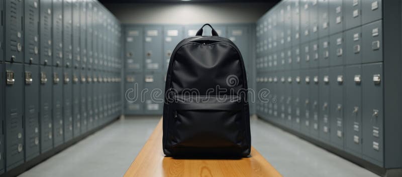 A Black Backpack Sits on a Bench Amidst Lockers in a Locker Room ...