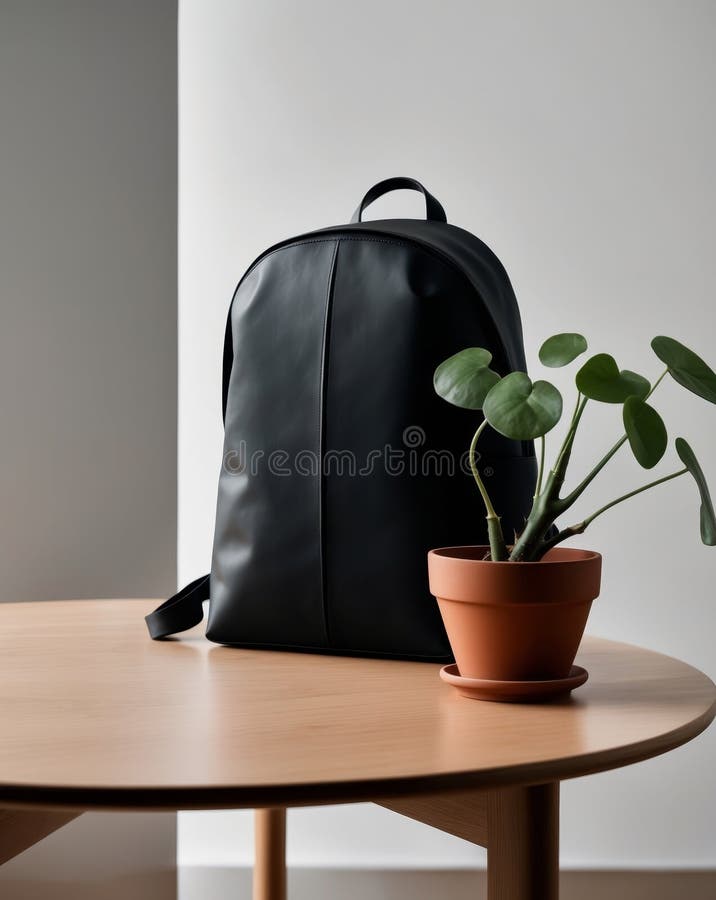 A Black Backpack Sitting on Top of a Table Next To a Green Plant Stock ...