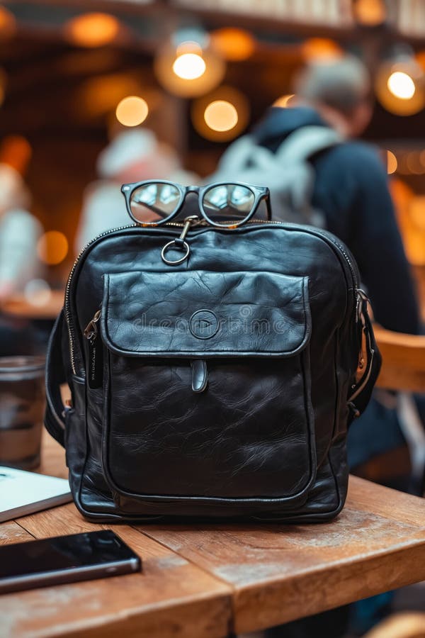 A Black Backpack Sitting on Top of a Wooden Table. Generative AI Stock ...