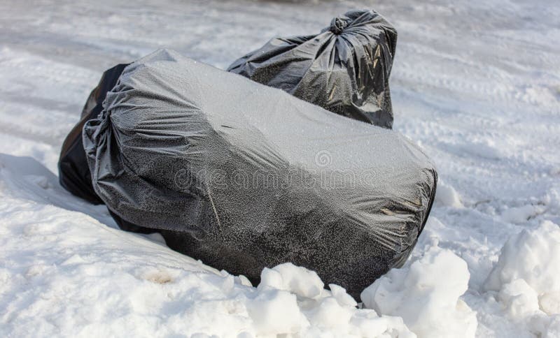 Black Bag with Garbage on the Snow Stock Photo - Image of environment ...