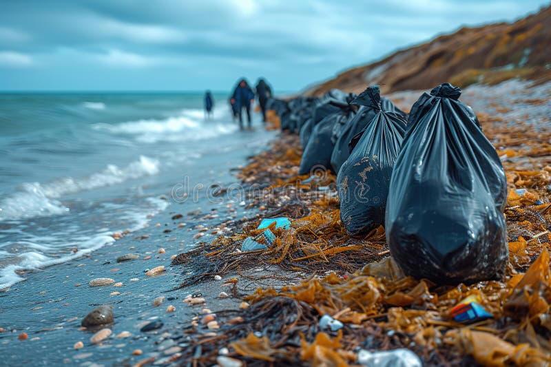 Black Bags with Garbage on the Seashore or Ocean. the Concept of ...