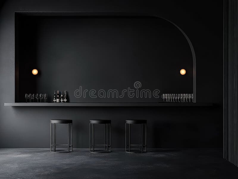 Black Bar with Three Stools and a Wine Rack Stock Photo - Image of wine ...