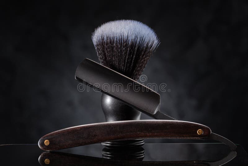 Black Barber Tools. Stright Razor and Classic Shaving Brush on Abstract ...