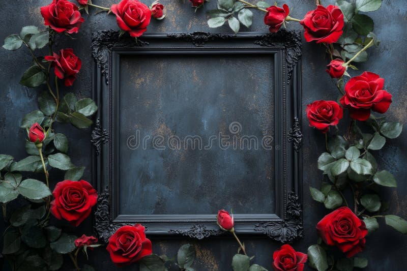 Black Baroque Frame Decorated with Fresh Red Roses Creates a Romantic ...