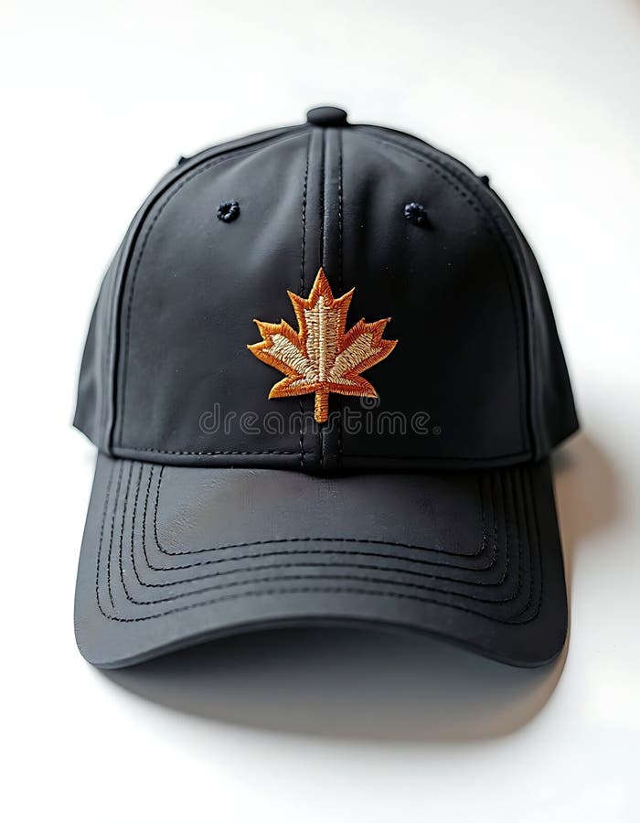 Black Baseball Cap with Embroidered Maple Leaf on White Background ...