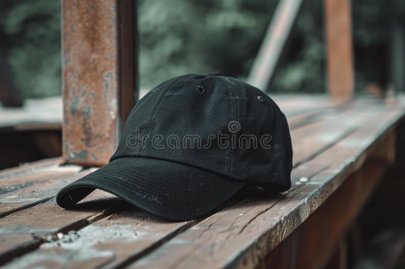 Black Baseball Cap Lying on Wooden Surface Outdoors on Construction ...