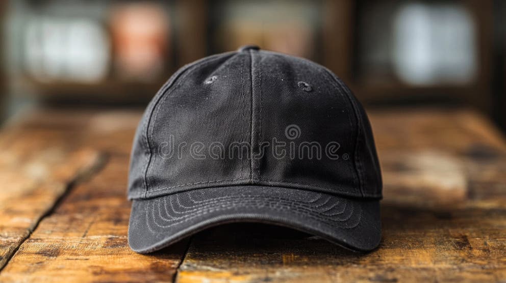 Black Baseball Cap on Rustic Wood Table in Natural Light Studio Setting ...