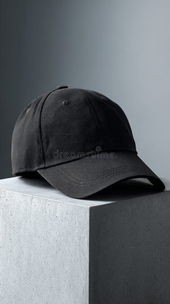 Black Baseball Cap Showcased on a Cube Surface with a Neutral Backdrop ...